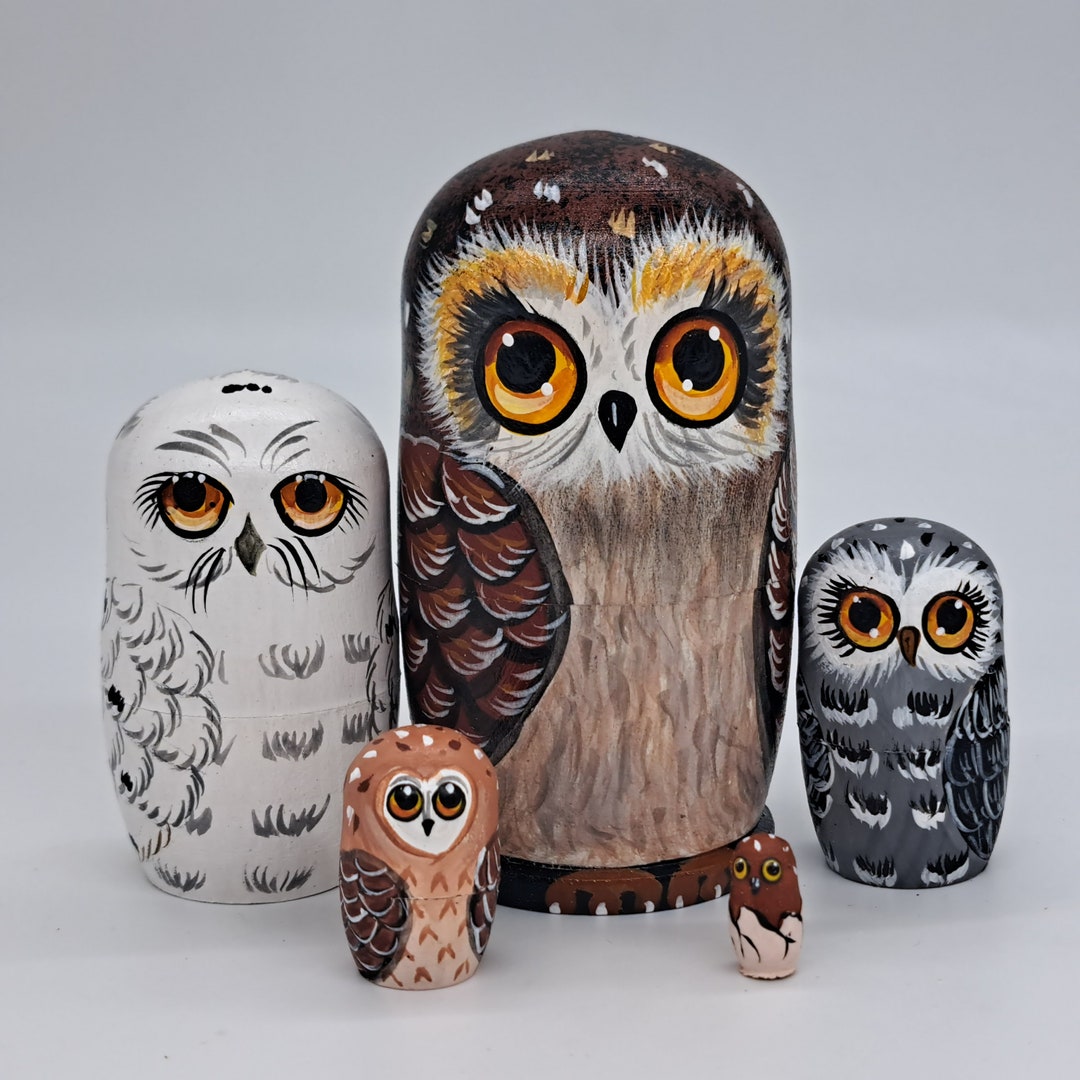 Enchanting Ukrainian Owl Nesting Doll Set - 4" Tall, 5 Pieces Wooden ...