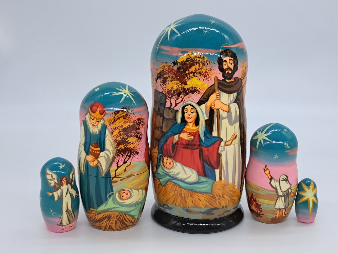 Nativity Nesting Dolls 7 Tall 5 in 1 Christmas Decor Stacking Wooden ...