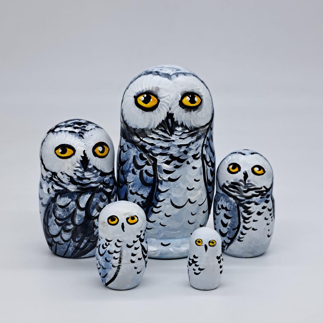 4" Stunning White Owls 5 in 1 Nesting Dolls Ukrainian Art Matryoshka ...