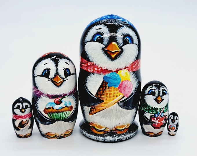 Penguin 5pcs Set Matryoshka Nesting Dolls for Kids Carved Wood, Hand ...