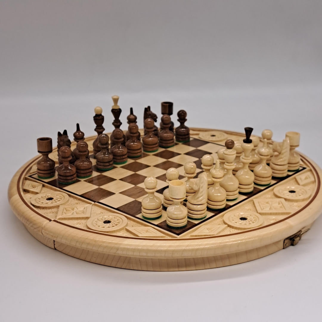 Hand Carved Wooden Round Chess Set Handmade in Ukraine, Sycamore Wood ...