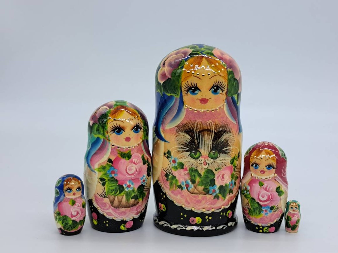 Cat Blue Nesting Dolls, Ukrainian Beauty Matryoshka 4tall, 5 in 1 ...