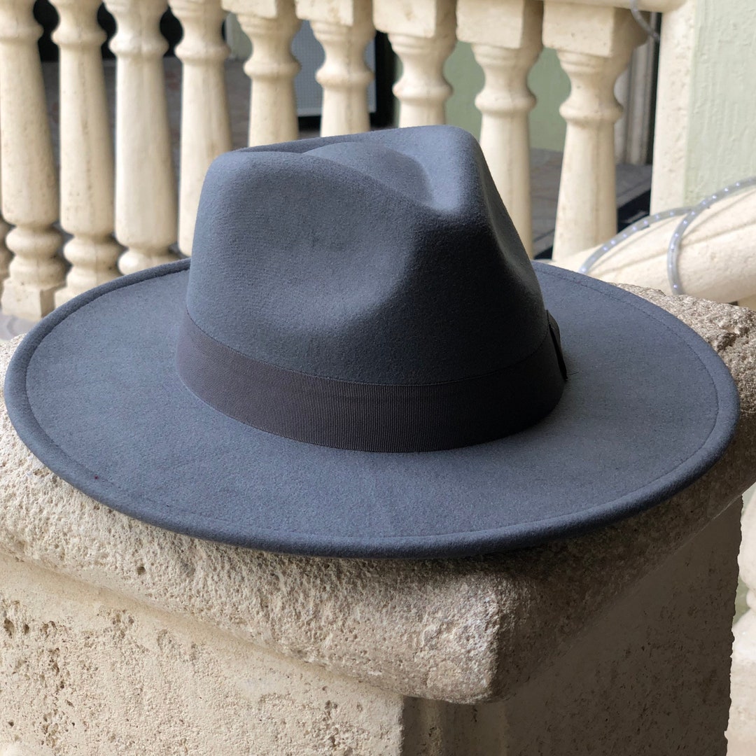 Gray Fedora Hat, Wide Brim Fashion Fedora, Flat Brim Hat, Stiff Brim ...