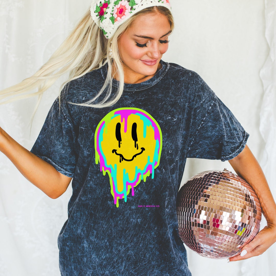 Retro Grunge Vibe Mineral Wash T-shirt, Melted Smiley Face, Retro Disco ...