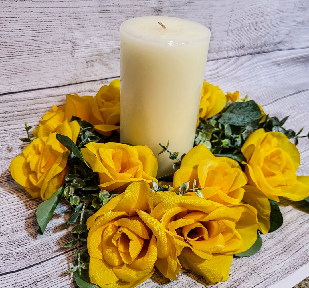 Yellow Rose and Greenery Floral Candle Ring, Spring Candle Rings, Home ...