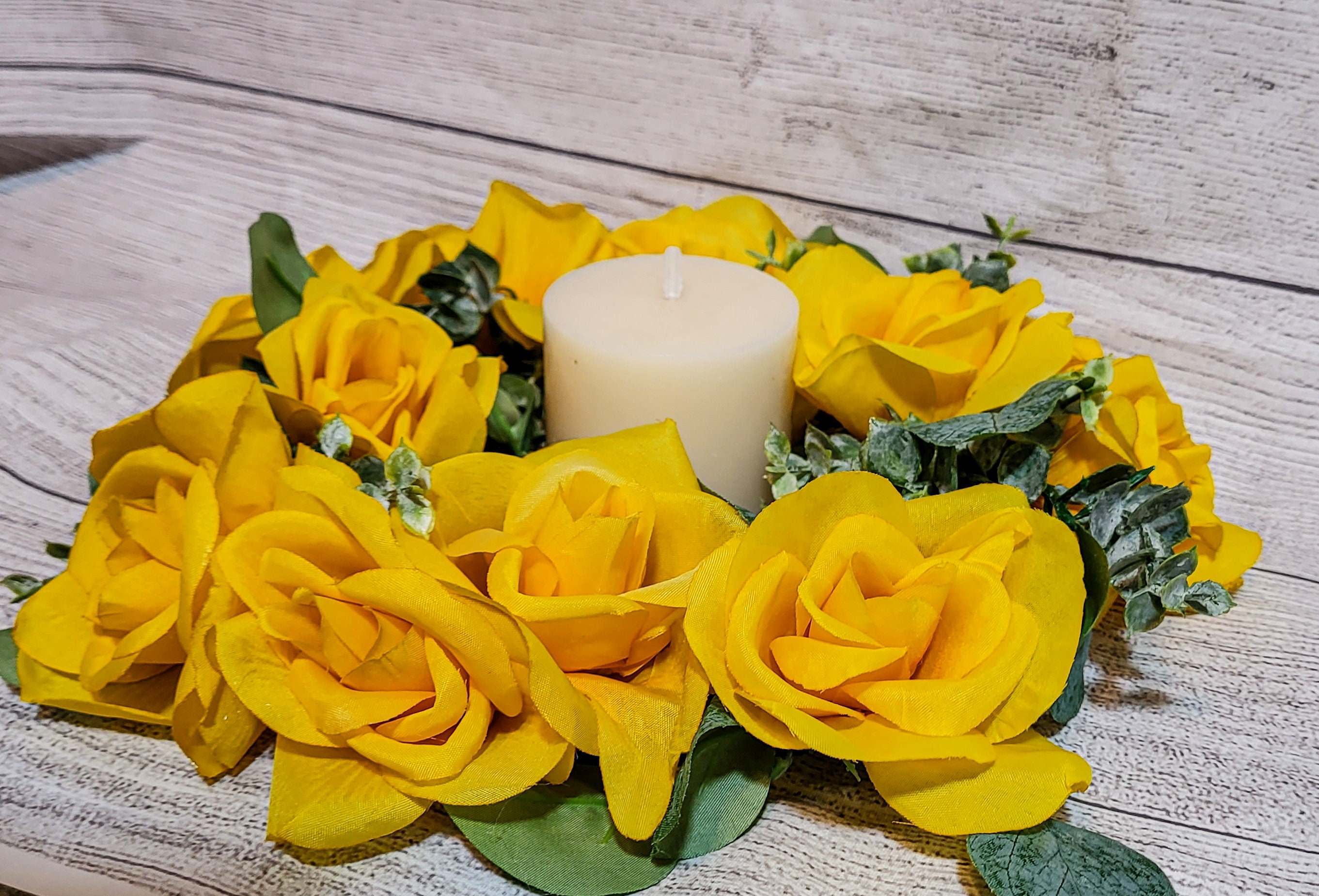Yellow Rose and Greenery Floral Candle Ring, Spring Candle Rings, Home ...