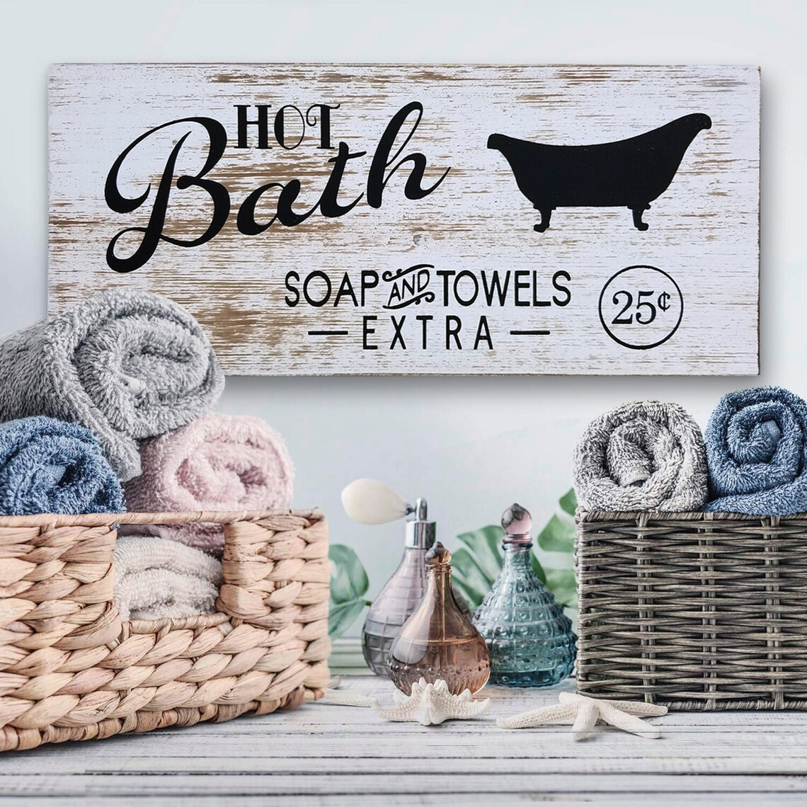 Rustic Farmhouse Bathroom Sign Hot Bath All Wood Screen | Etsy