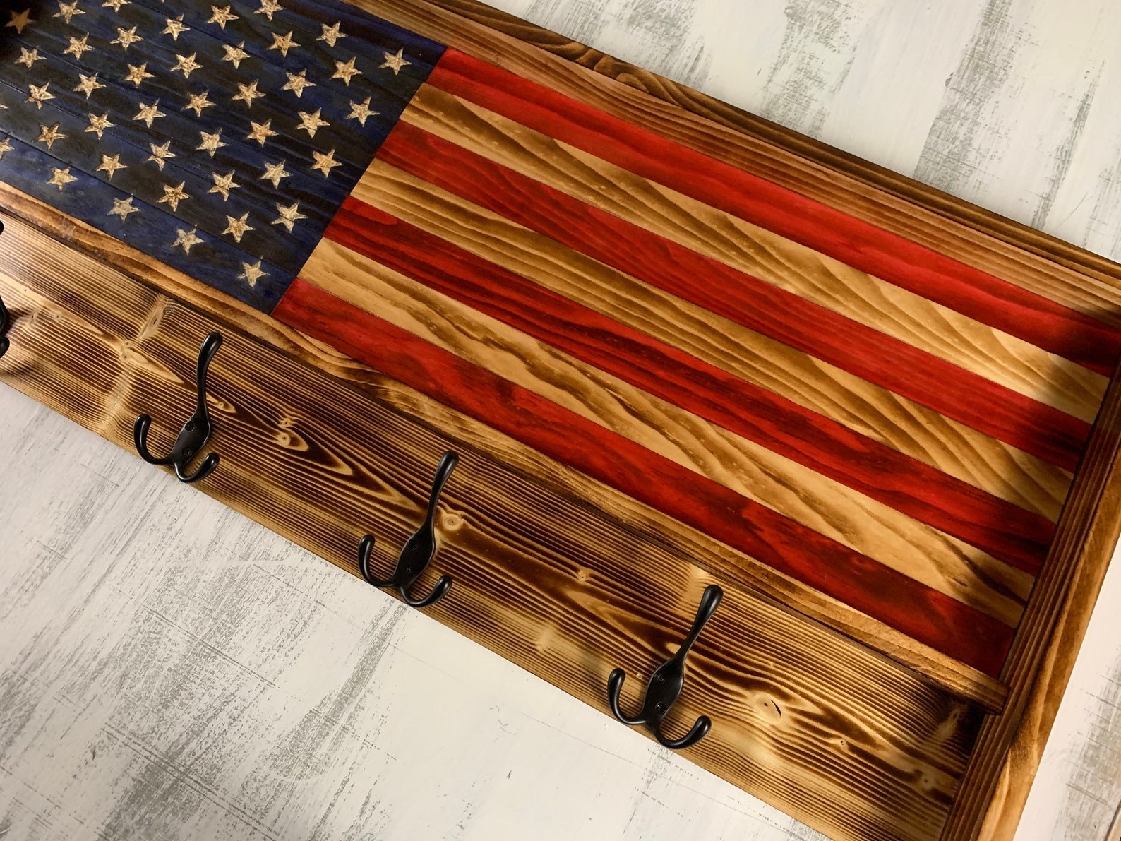 Rustic American Flag 4 Hook Coat Rack Hand Carved Stars - Etsy