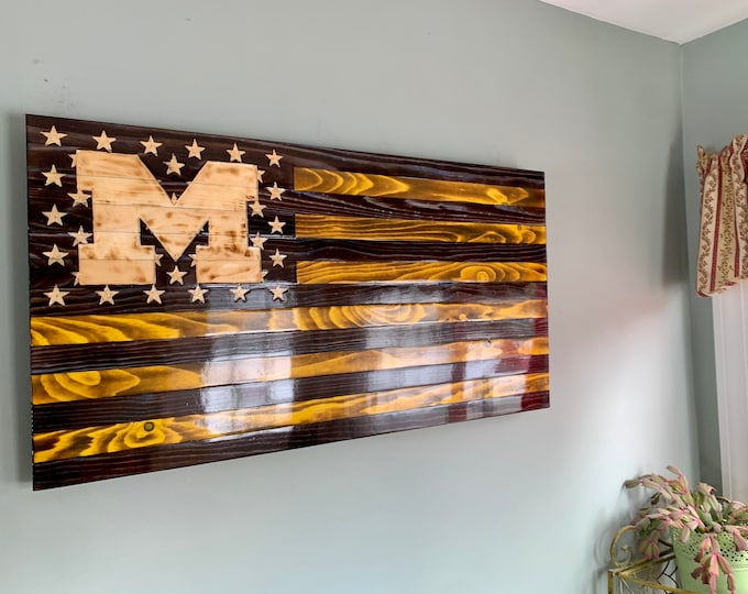 University of Michigan Hand Made Rustic American Flag, Hand Carved ...