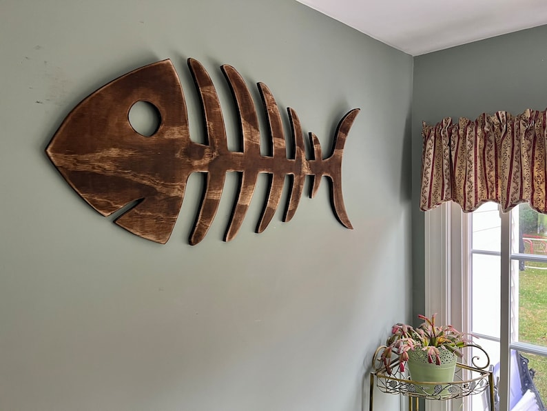 Rustic Fish Skeleton, Fish Bones, Wooden Sign, Sea Decor, Fish Art ...