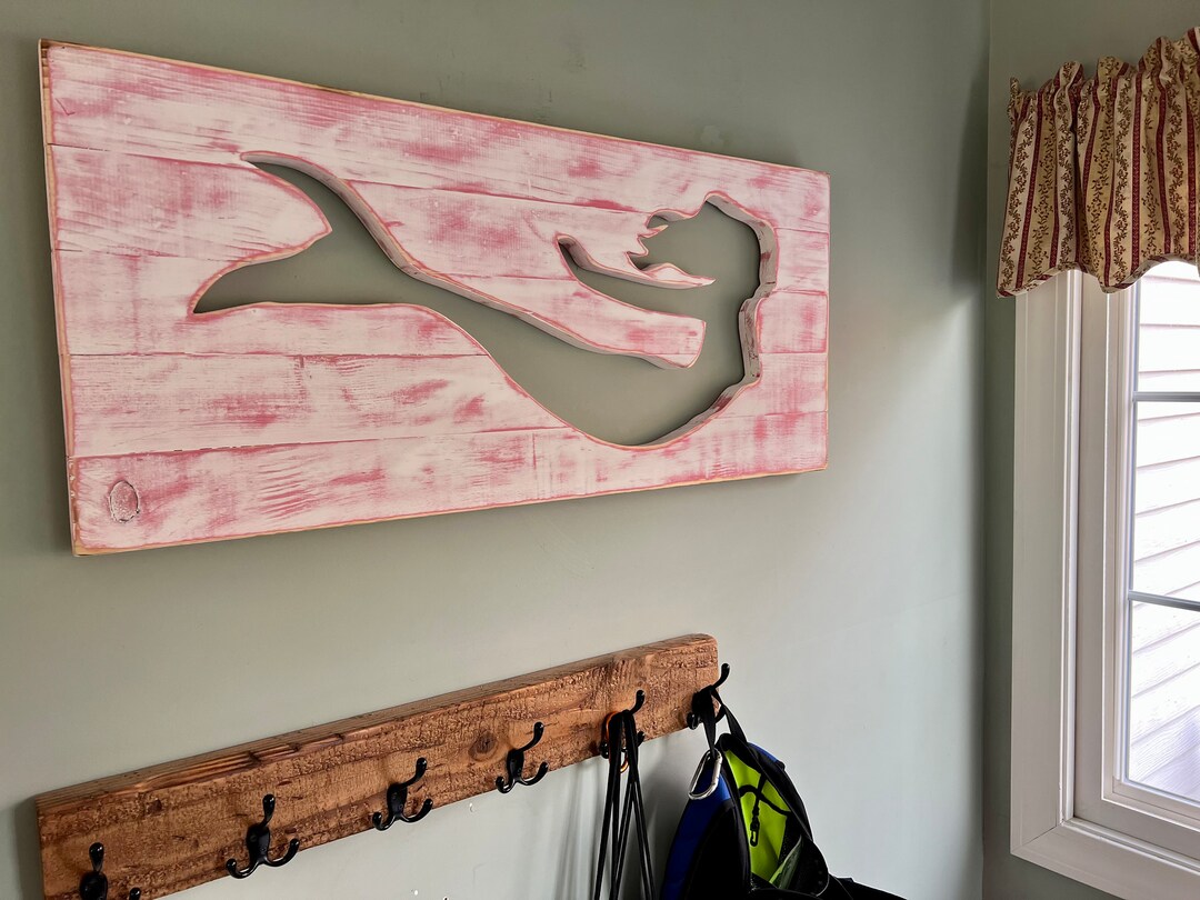 Wooden Mermaid Silhouette Sign, White Over Pink Sign, Beach House Decor ...