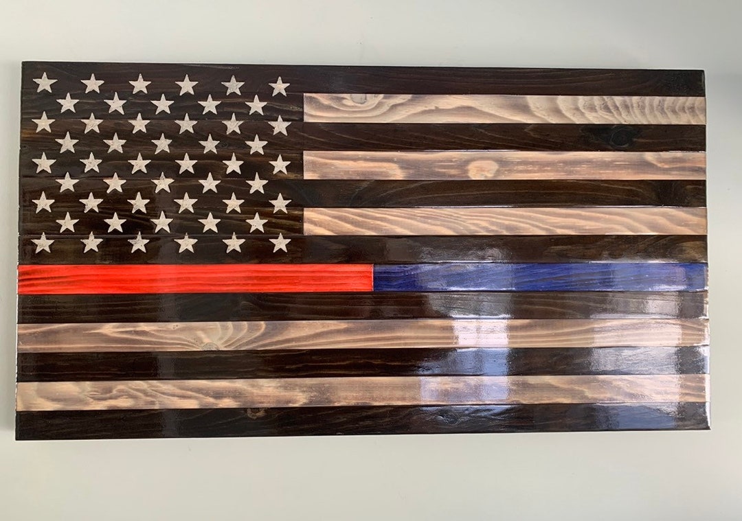 Rustic American Flag With Police Blue Stripe and Fire Red Strip, Wooden ...