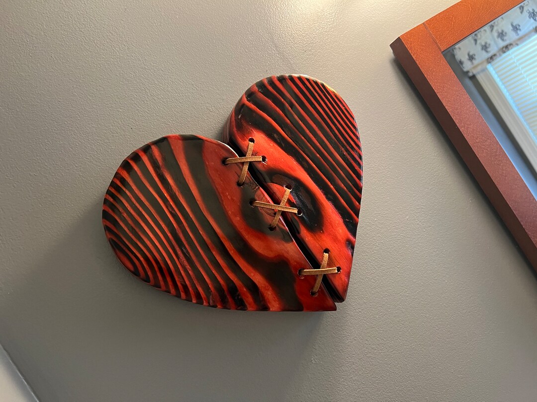 Wooden Broken Mended Heart, Wood Heart, Burned Heart, Suede Mended ...