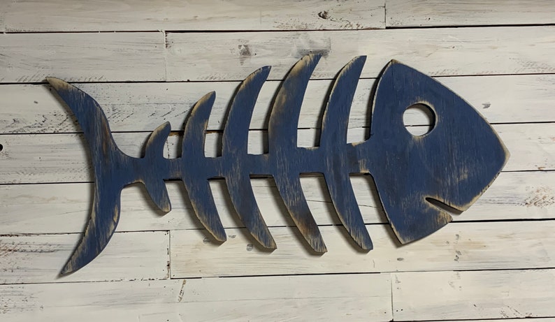 Rustic Fish Skeleton, Fish Bones, Wooden Sign, Sea Decor, Fish Art ...