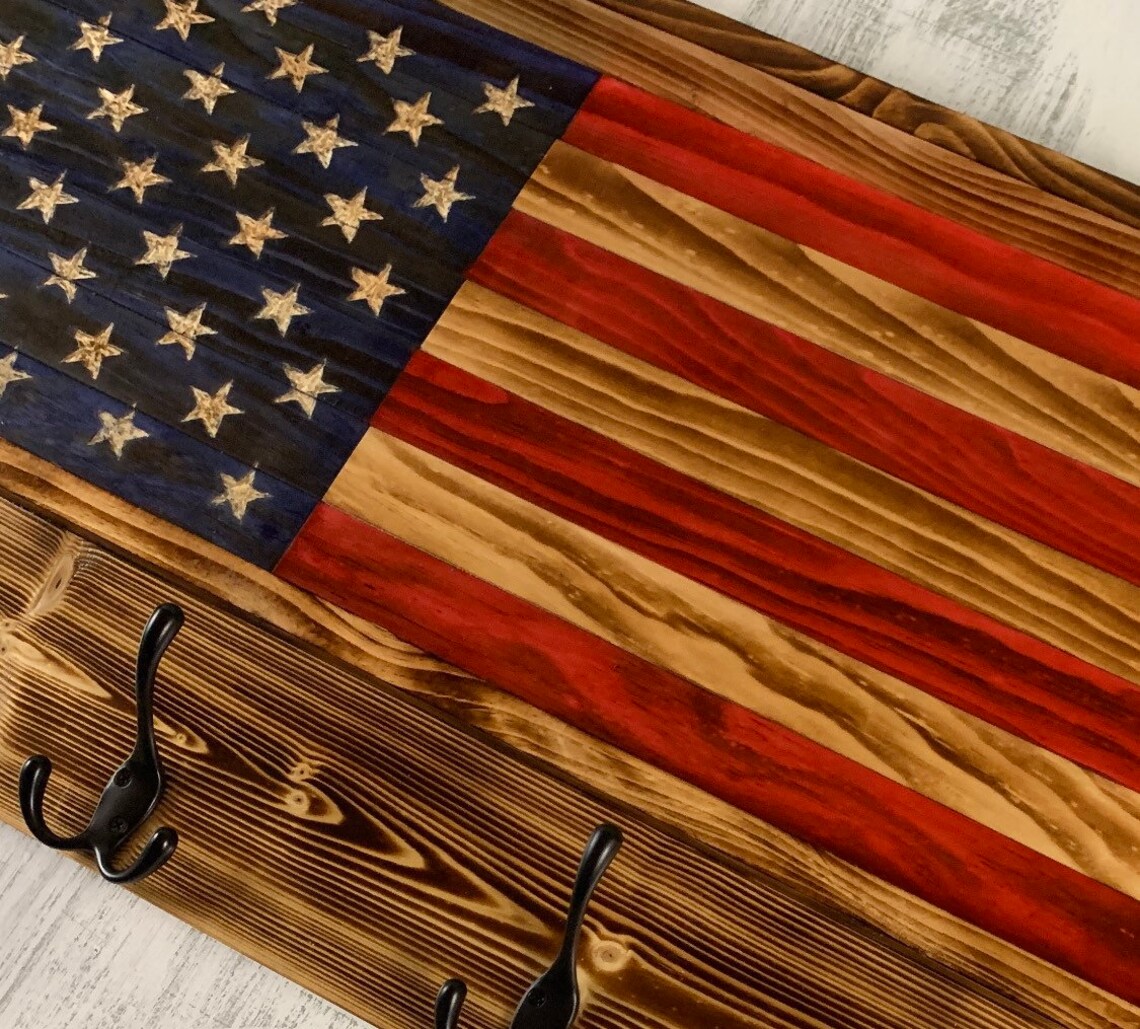 Rustic American Flag 4 Hook Coat Rack Hand Carved Stars - Etsy