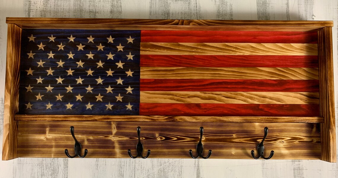 Rustic American Flag 4 Hook Coat Rack Hand Carved Stars - Etsy