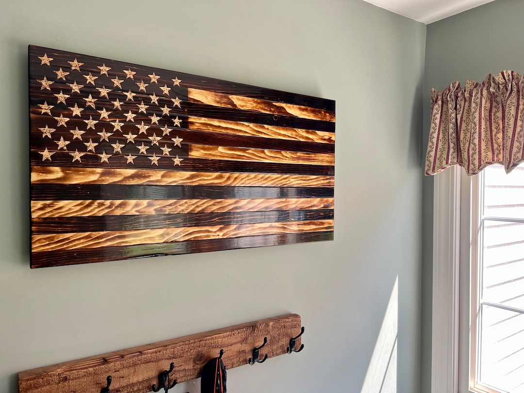 Burned Brown Rustic Wood Flag, Wood Flag, Rustic Decor, Burned Wood Art ...