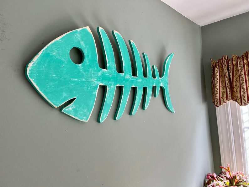Rustic Fish Skeleton, Fish Bones, Wooden Sign, Sea Decor, Fish Art ...