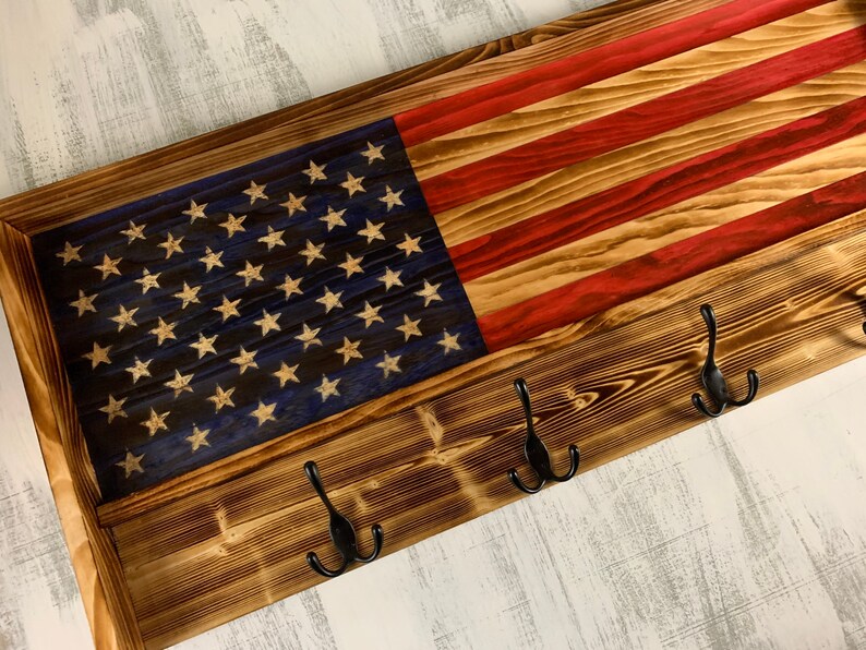 Rustic American Flag 4 Hook Coat Rack Hand Carved Stars - Etsy