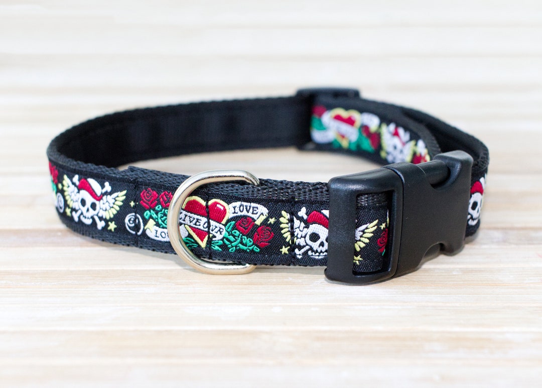 Handmade Black Tattoo Dog Collar: Skull & Rose Design - Etsy