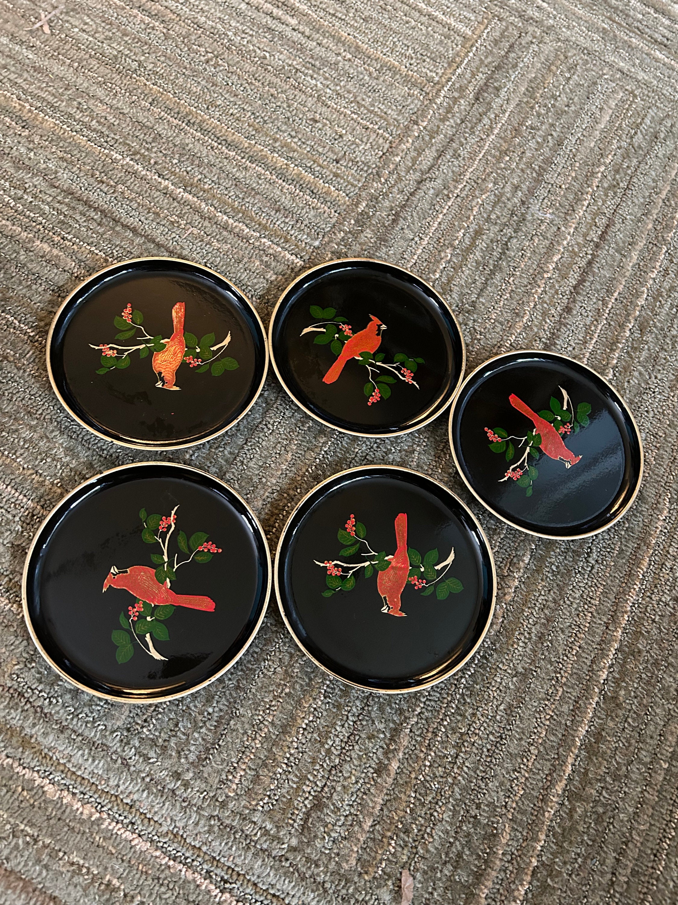 Set of 5 Vintage Otagiri Black Lacquer Cardinal Coasters With - Etsy