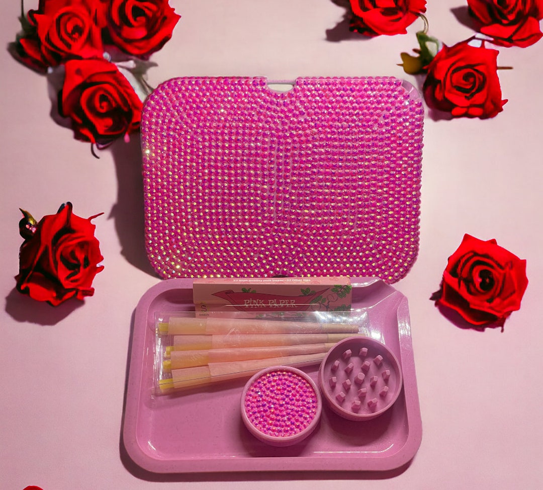 Rhinestone Herb Tray and Grinder Set Pink Bedazzled Stoner Kit Pink Rolling Papers Bundle - Etsy