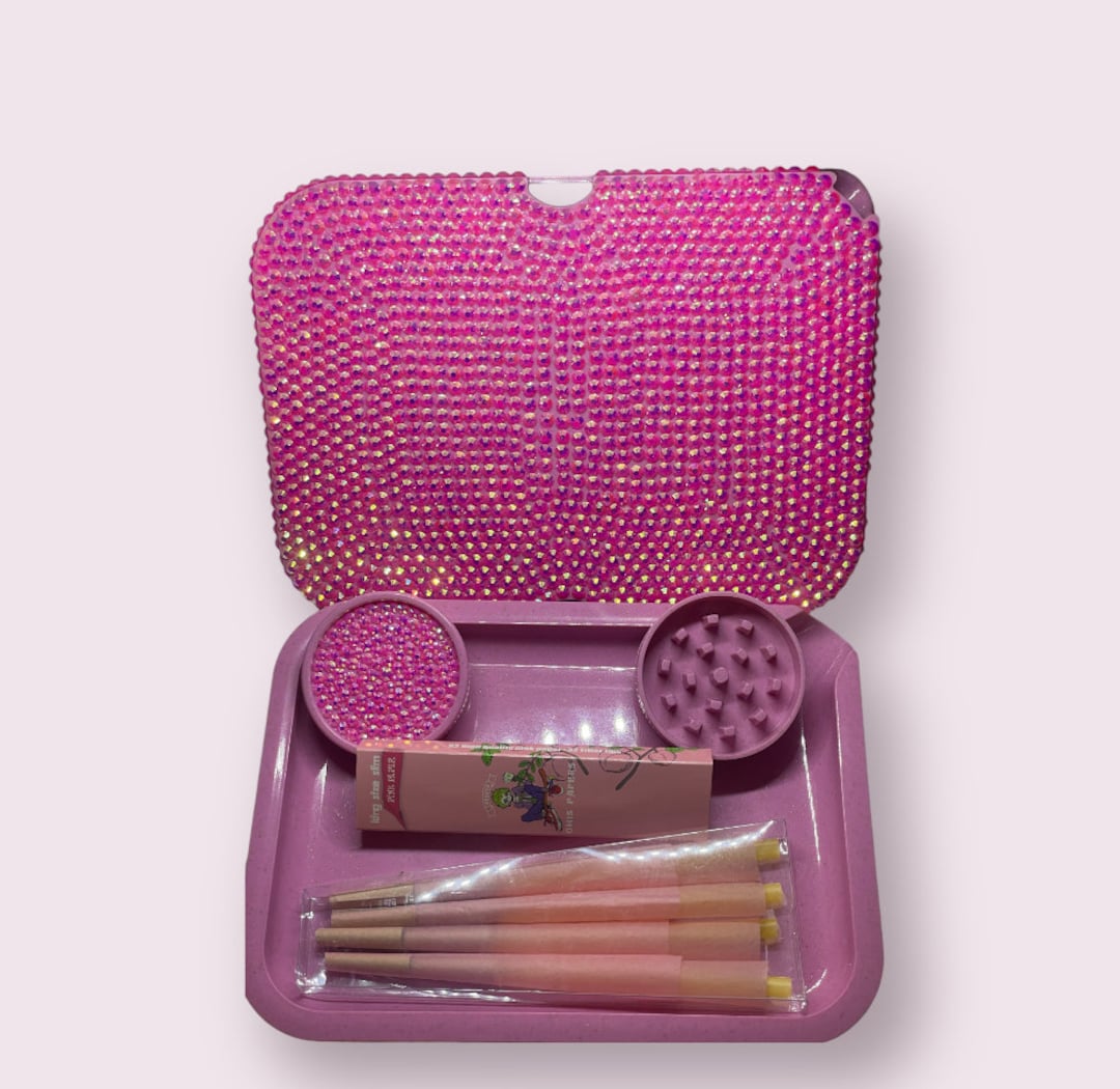 Rhinestone Herb Tray and Grinder Set Pink Bedazzled Stoner Kit Pink ...