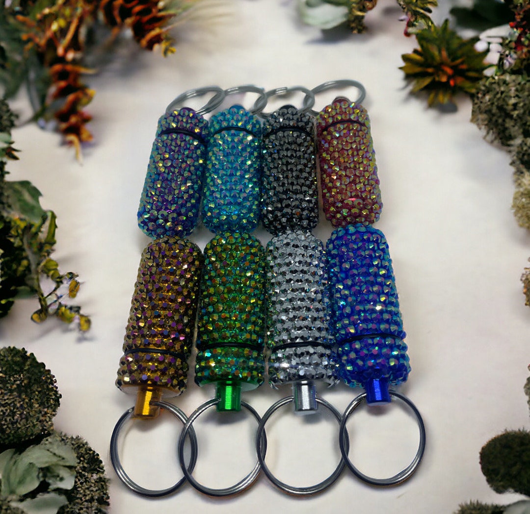 Rhinestone Keychain Pill Container Bedazzled Bling Pill Keychain Travel ...