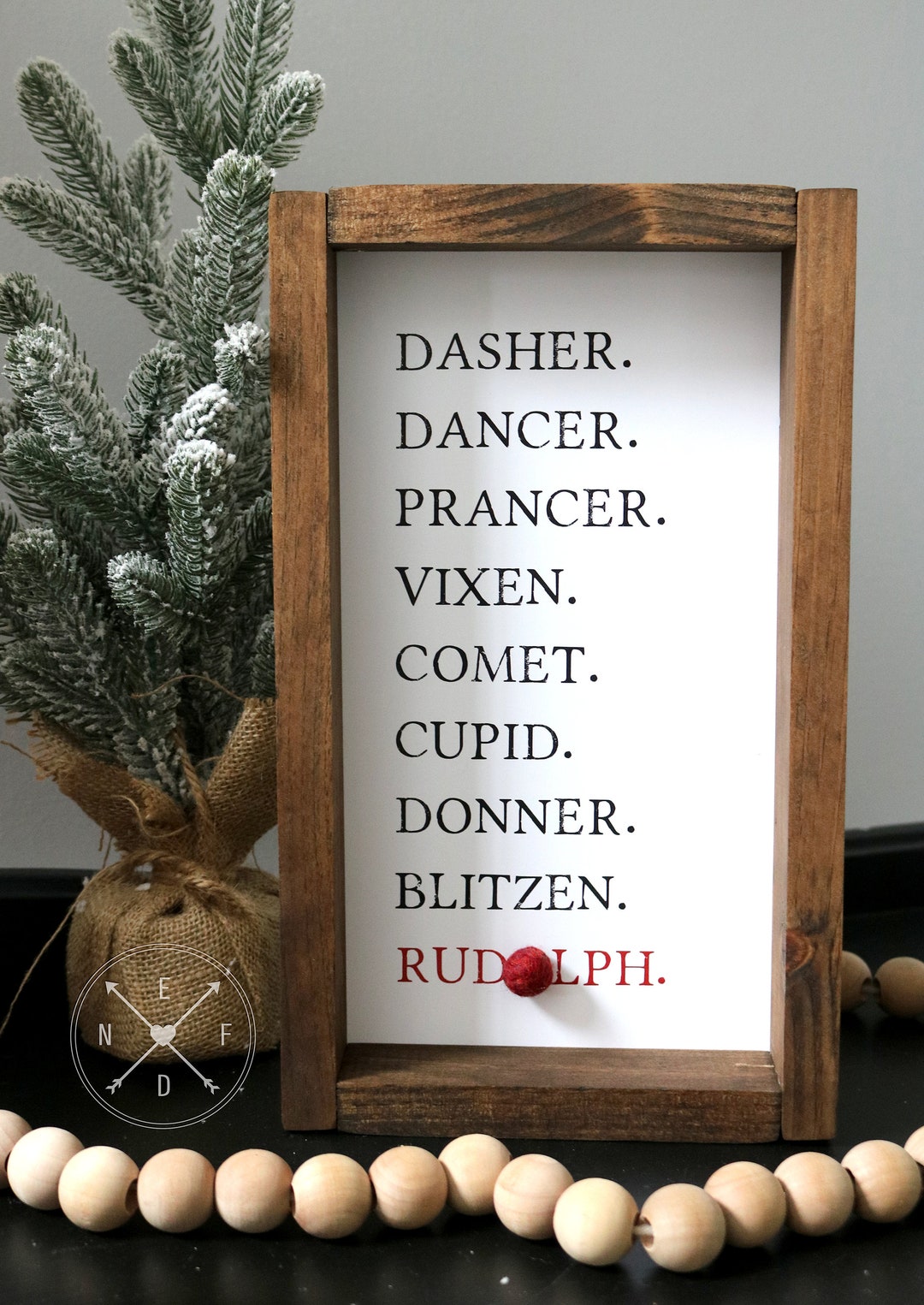 RUDOLF REINDEER NAMES Farmhouse Wood Sign Rudolf Wool Felt Pom Nose ...