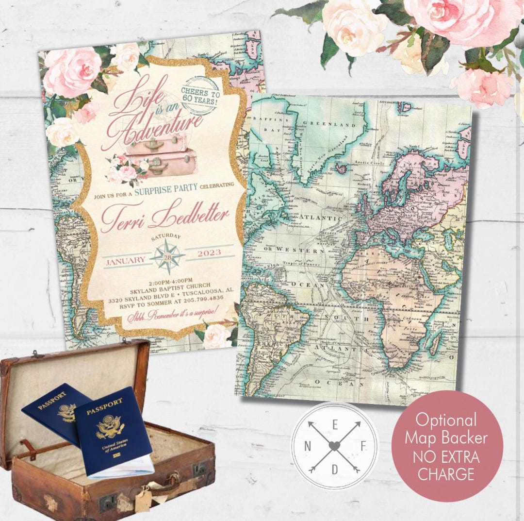 Travel Themed INVITATIONS 5x7 Inch | Blank White Envelopes Included ...