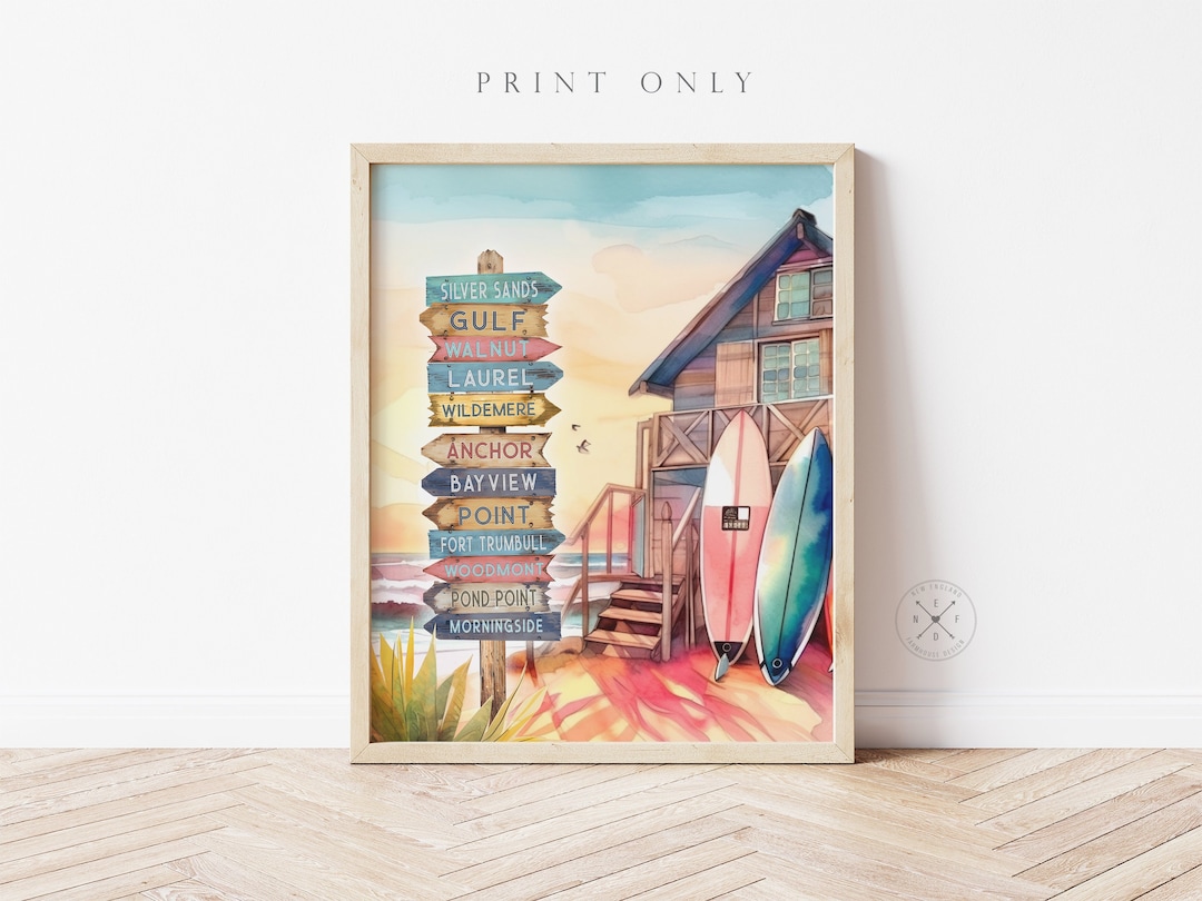 MILFORD Connecticut BEACH NAMES Sign Retro Watercolor Art Print ...