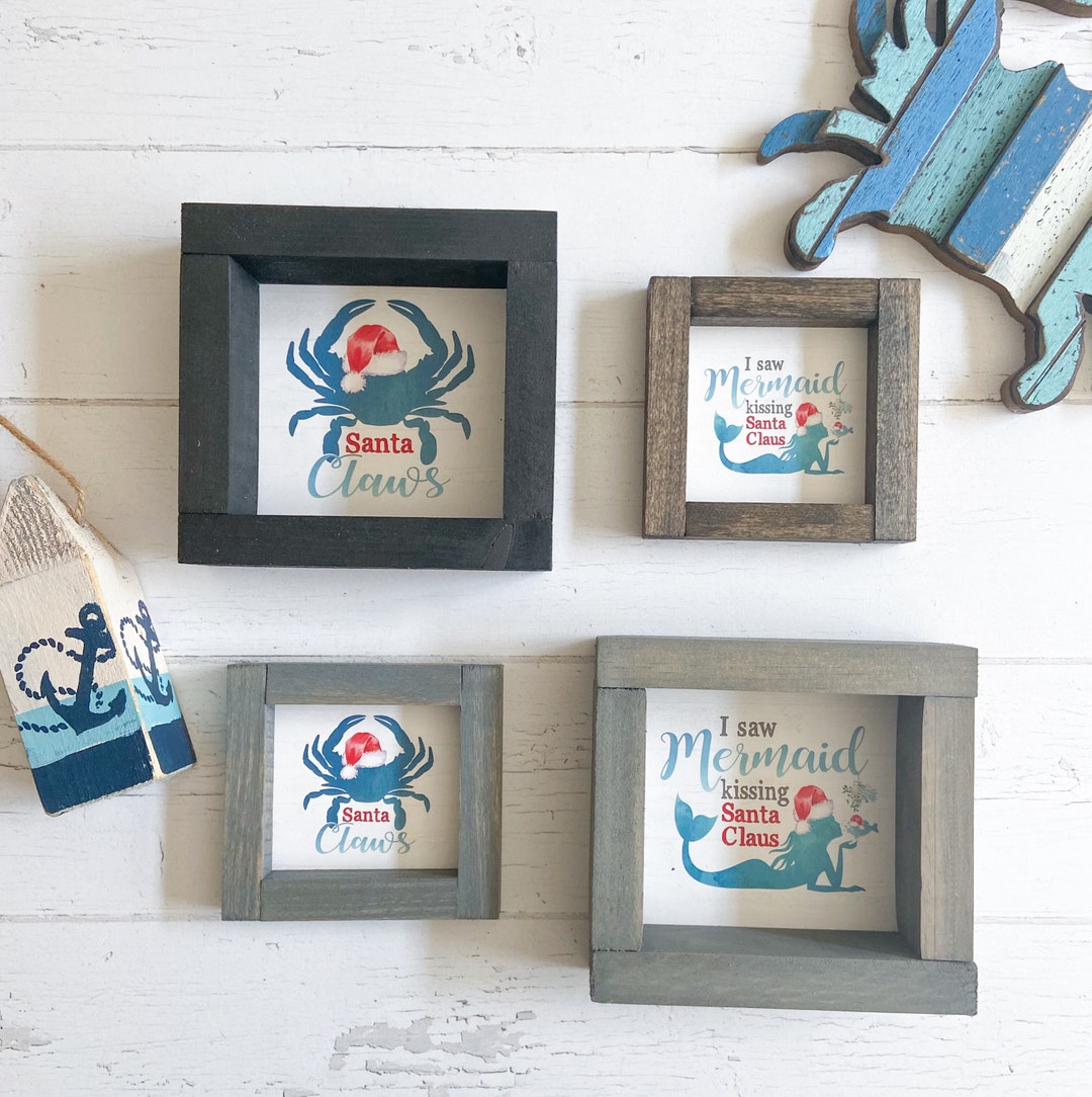 SANTA CLAWS Mini Wood Framed Sign I Saw MERMAID Kissing Santa Claus ...