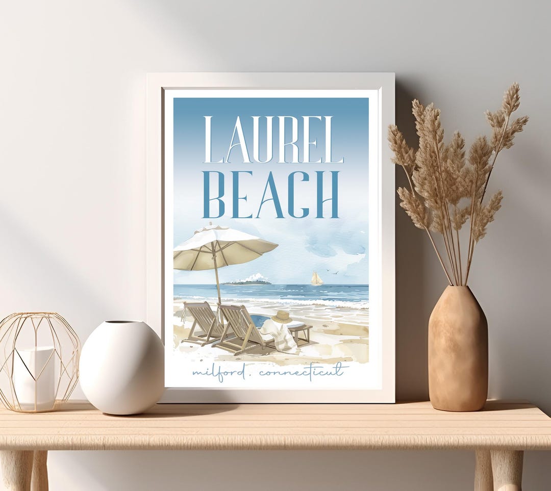 LAUREL BEACH Scene Blue Watercolor Art | Milford, Connecticut Beach ...