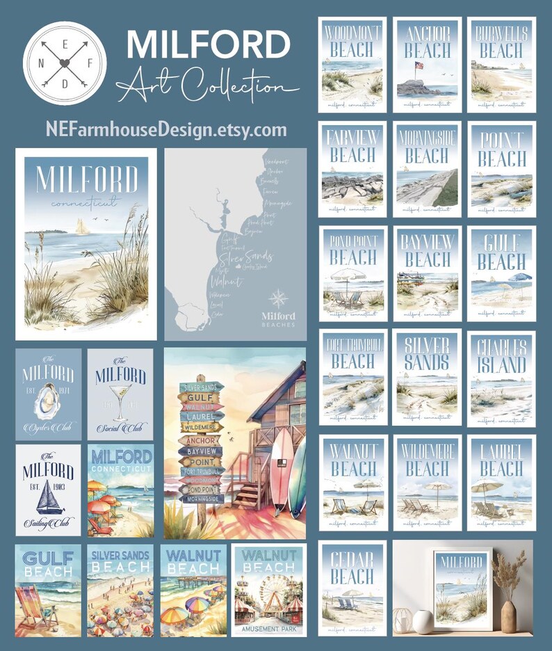 CEDAR BEACH Scene Blue Watercolor Art | Milford, Connecticut Beach Home ...