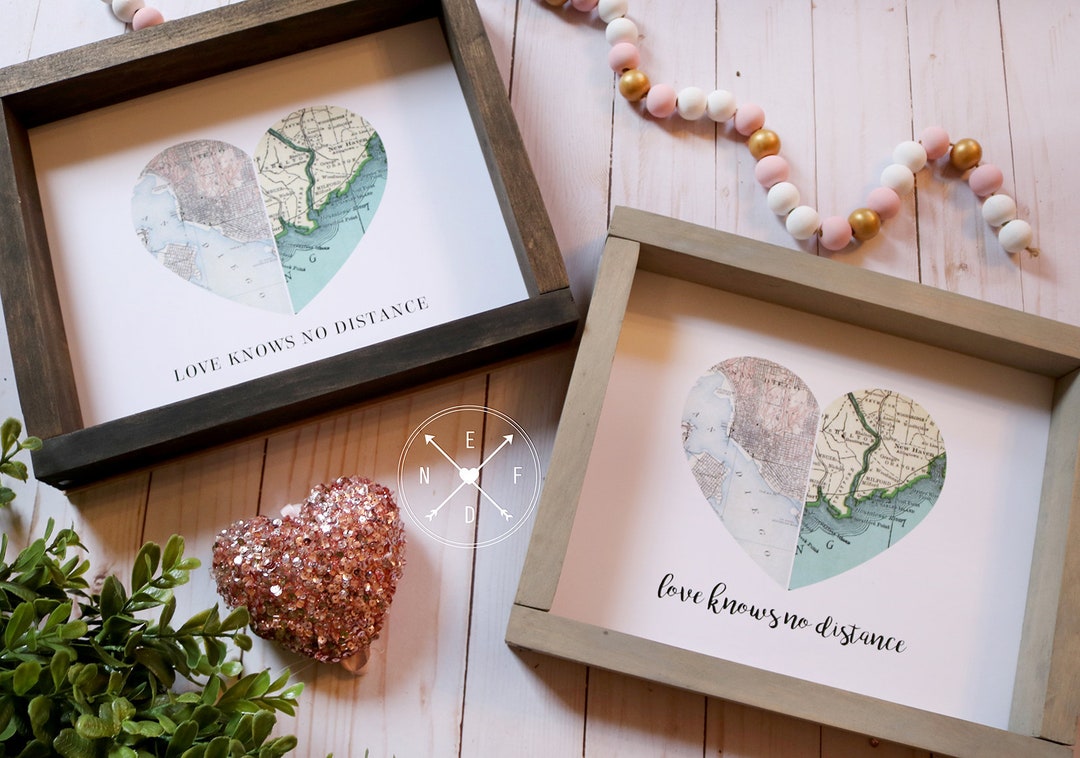 LOVE Knows NO DISTANCE Heart Map Wood Framed Sign, Canvas or Print ...