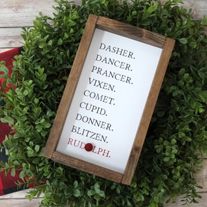 RUDOLF REINDEER NAMES Farmhouse Wood Sign Rudolf Wool Felt Pom Nose ...