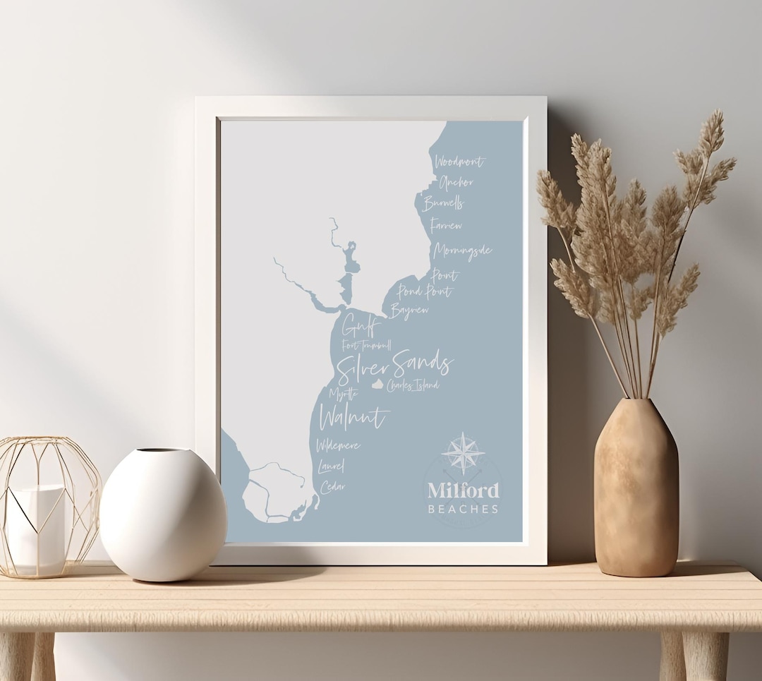 MILFORD Connecticut BEACHES MAP Blue Watercolor Art | Milford, Ct Home ...