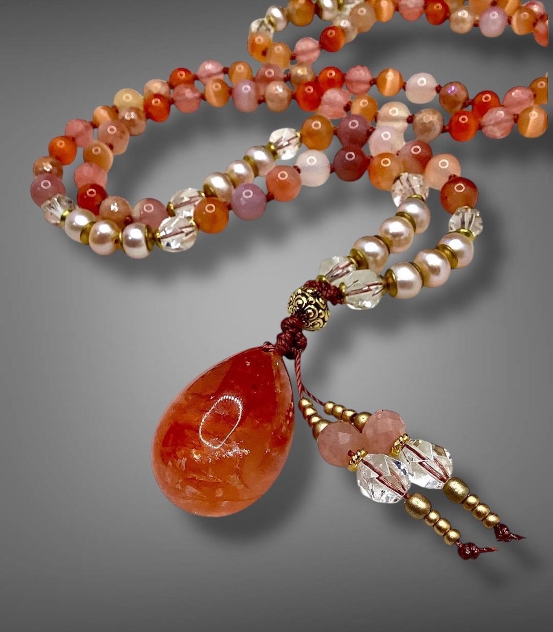 108 Bead Mala Necklace, Fire Quartz, Freshwater Pearls, Hand Knotted ...