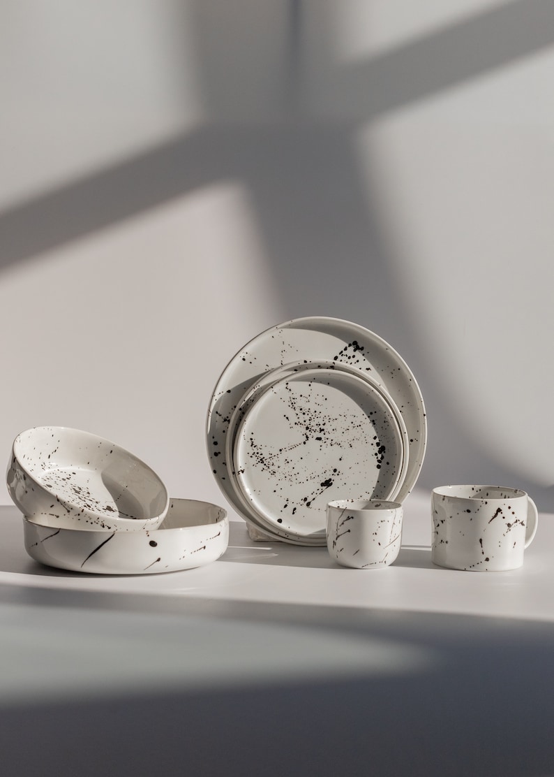 Black & White Modern Ceramic Plates Set, Ink Splatter White Dinnerware ...