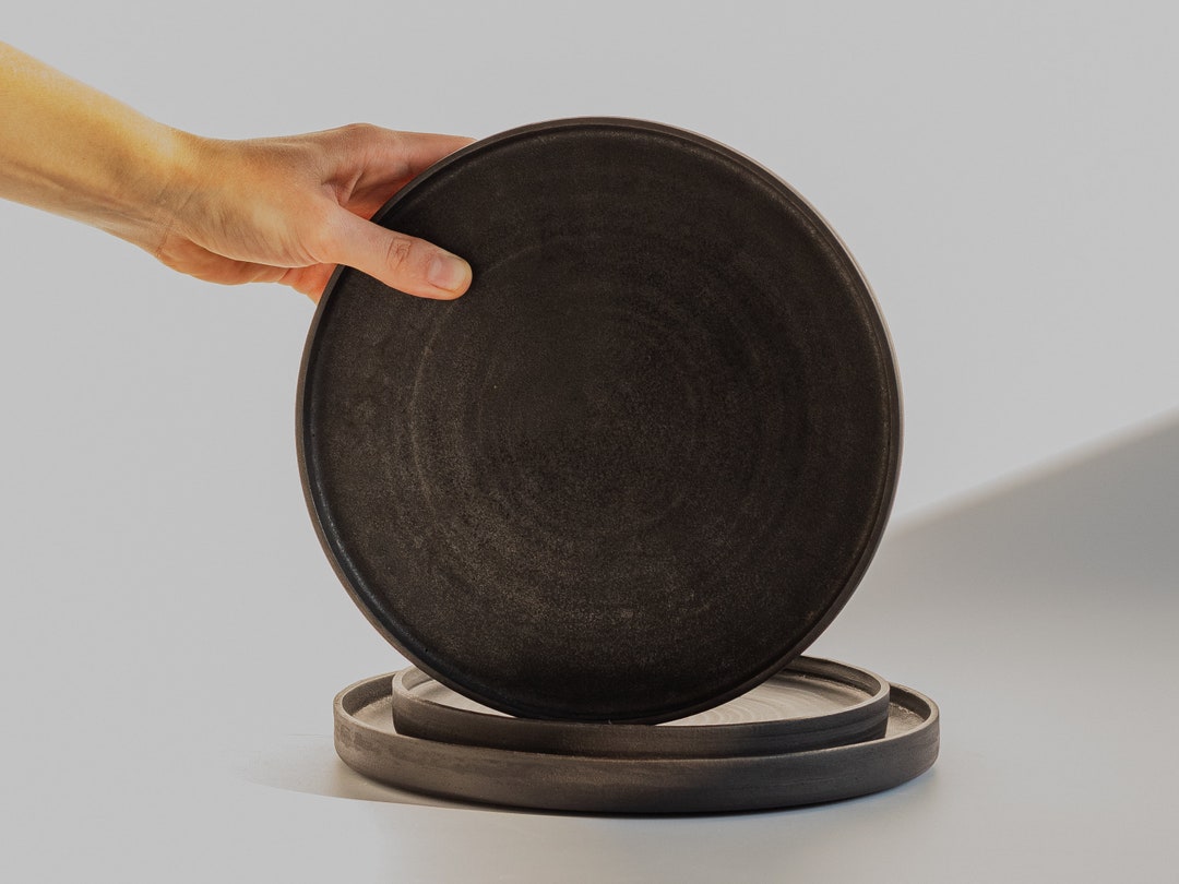 CERAMIC PLATES Set-minimal Plates With Rim-black Matte Dishes-natural ...