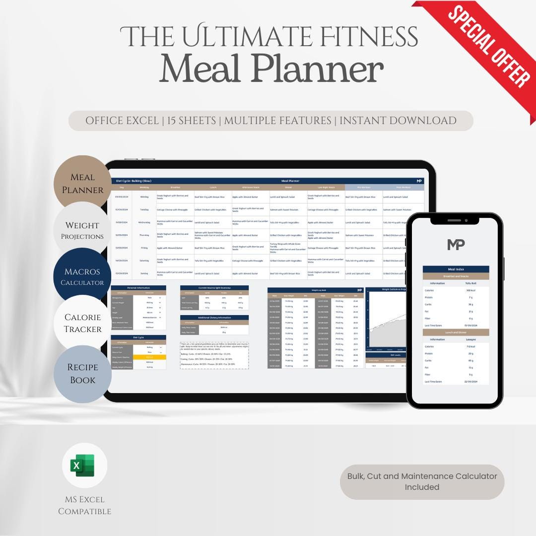 Fitness Meal Planner Excel Template | Macros & Grocery Tracker | Bulk and Cut Calculator ...