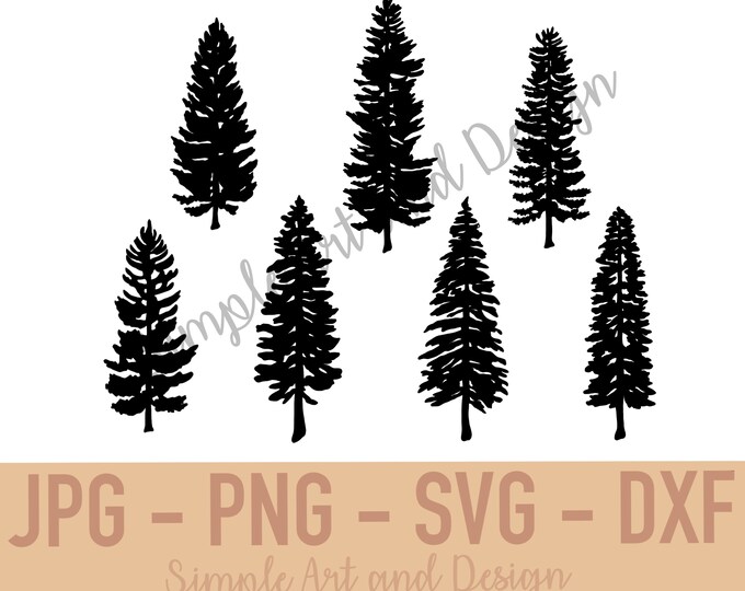 Evergreen Trees Pack of 7 Trees PNG JPG SVG Dxf Pine Trees Tree Svg ...