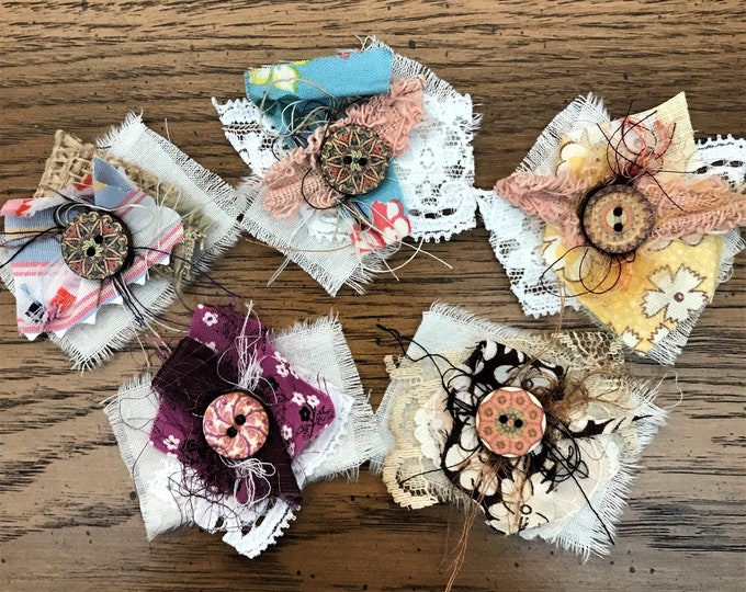 Set of 5 Rustic Snippet Clusters With Vintage Fabric and Lace - Etsy