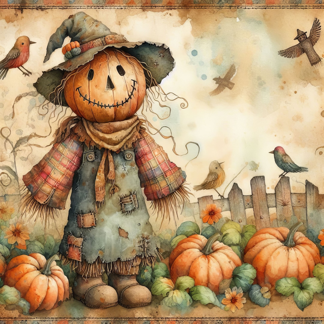 60 Images Scarecrow in Pumpkin Patch Digital Art Printable Kit Instant ...