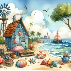 50 Images Whimsical Beach Vacation: Digital Art, Printable Digital ...