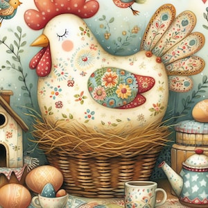 40 Images Whimsical Calico Chicken Images Jpeg Digital Art Printable ...