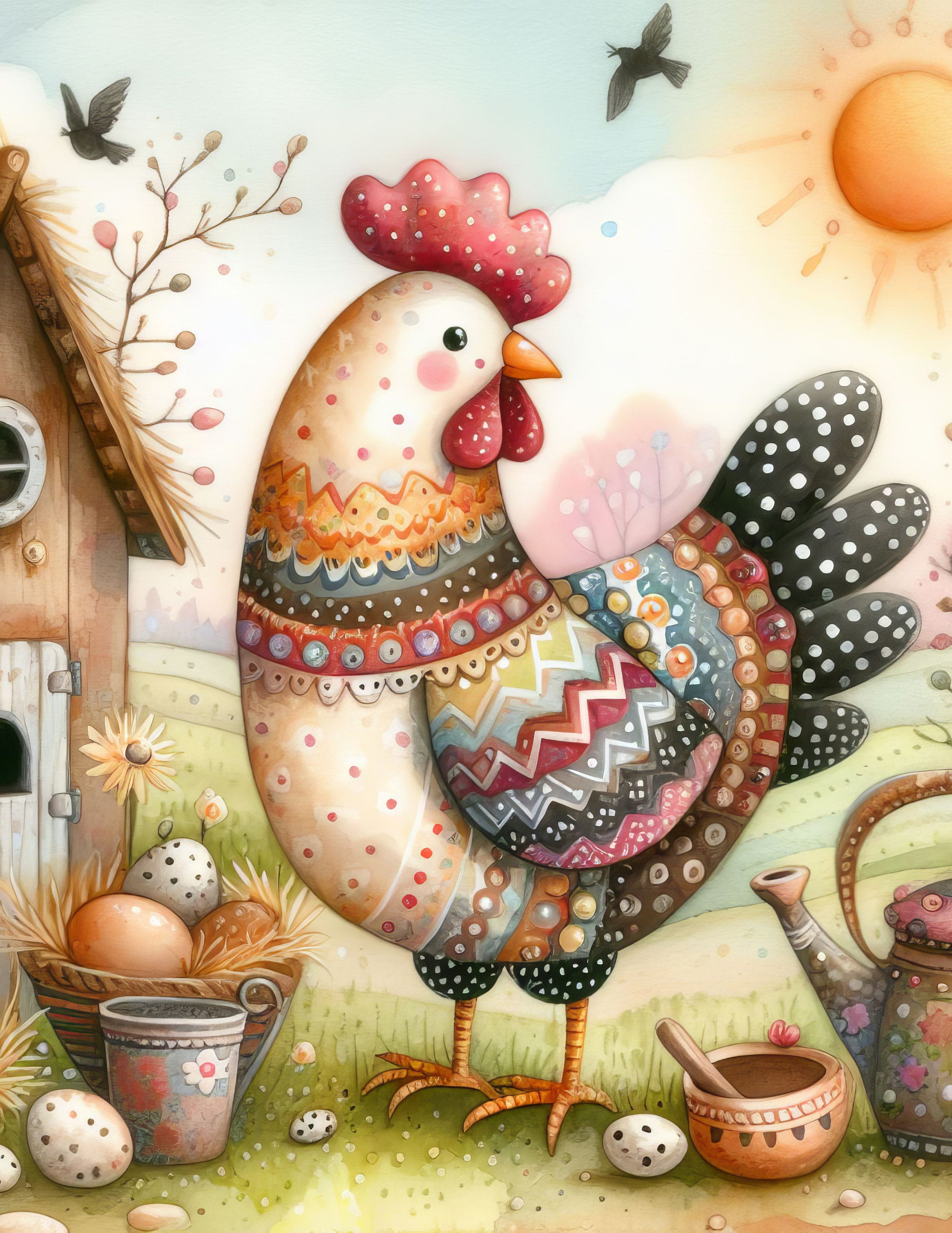 40 Images Whimsical Calico Chicken Images Jpeg Digital Art Printable ...