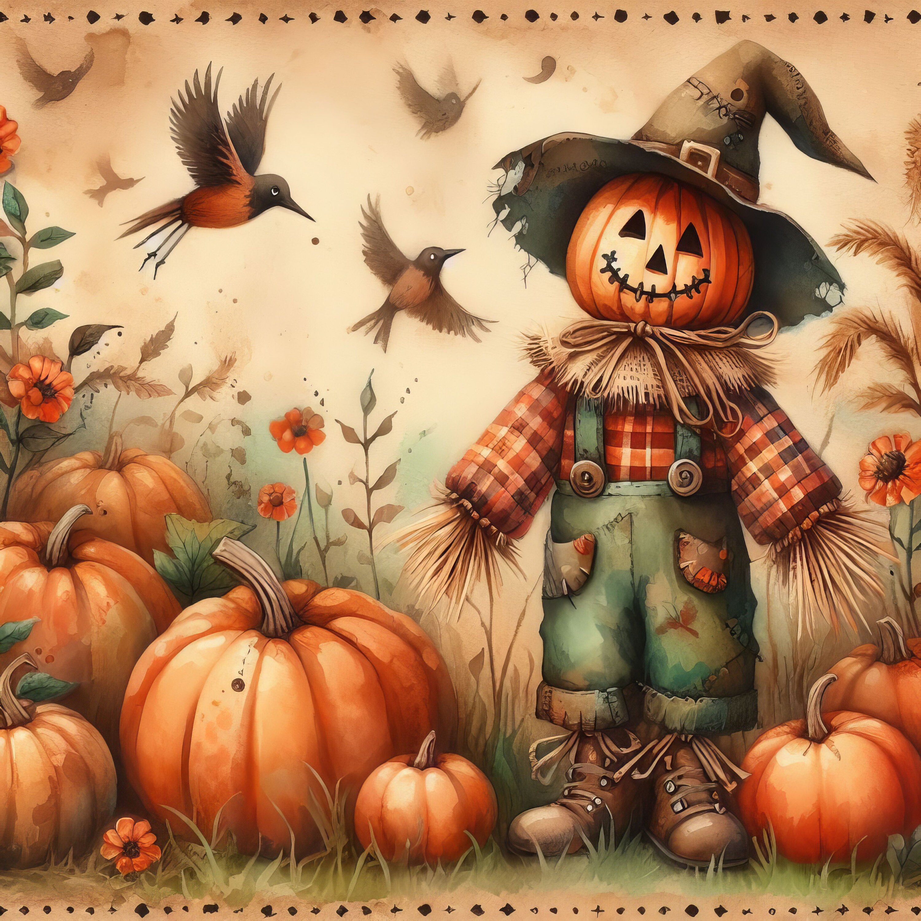 60 Images Scarecrow in Pumpkin Patch: Digital Art, Printable Instant ...