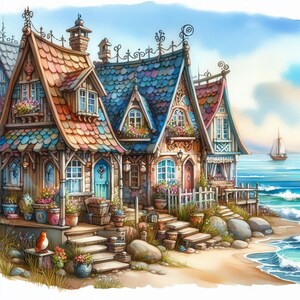 55 Images Whimsical Seaside Cottages: JPEG Images, Digital Art ...