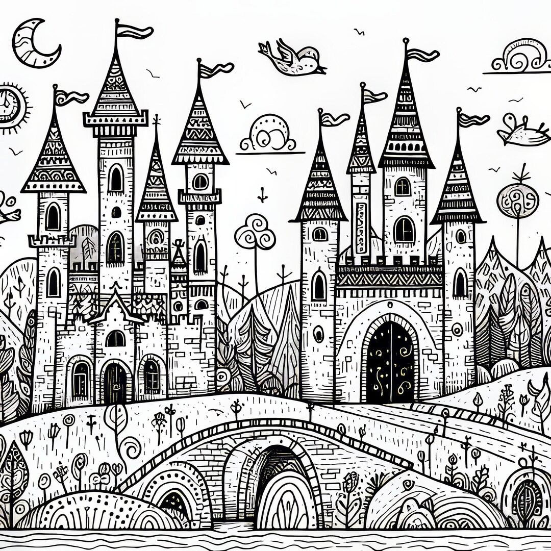 Adult Coloring Pages 48 Whimsical Castle Images: Digital Art, Printable ...
